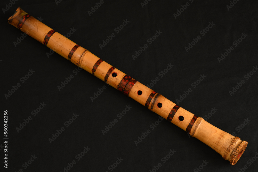 Shakuhachi flute, Shakuhachi is Japanese bamboo flute, on black ...