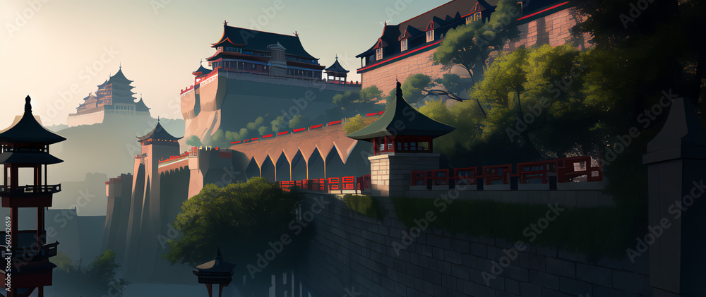 Drawing of a Chinese castle on the wall. Asian traditional architecture ...