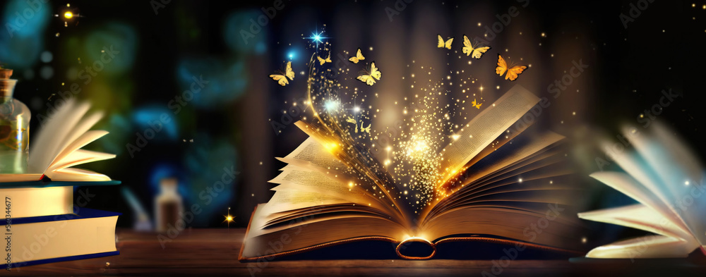 fairytale mystical open book with butterflies and golden sparkles wide ...