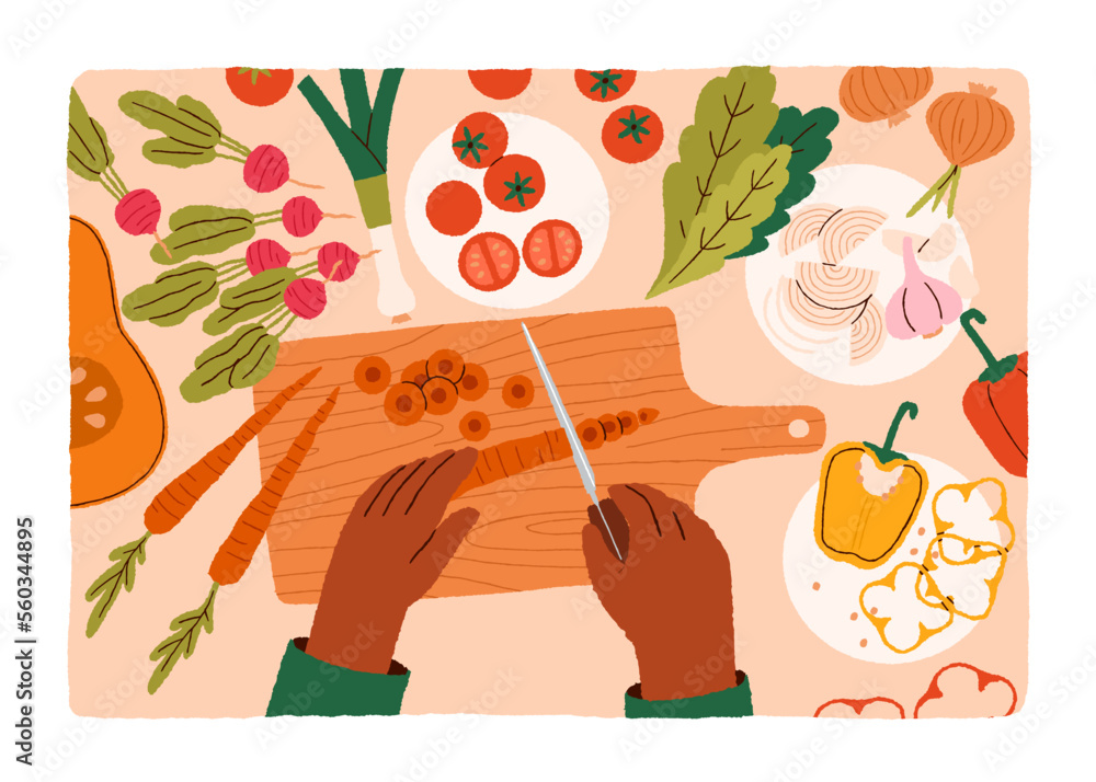 Cooking from vegetables, top view. Hands preparing food, cutting carrot ...