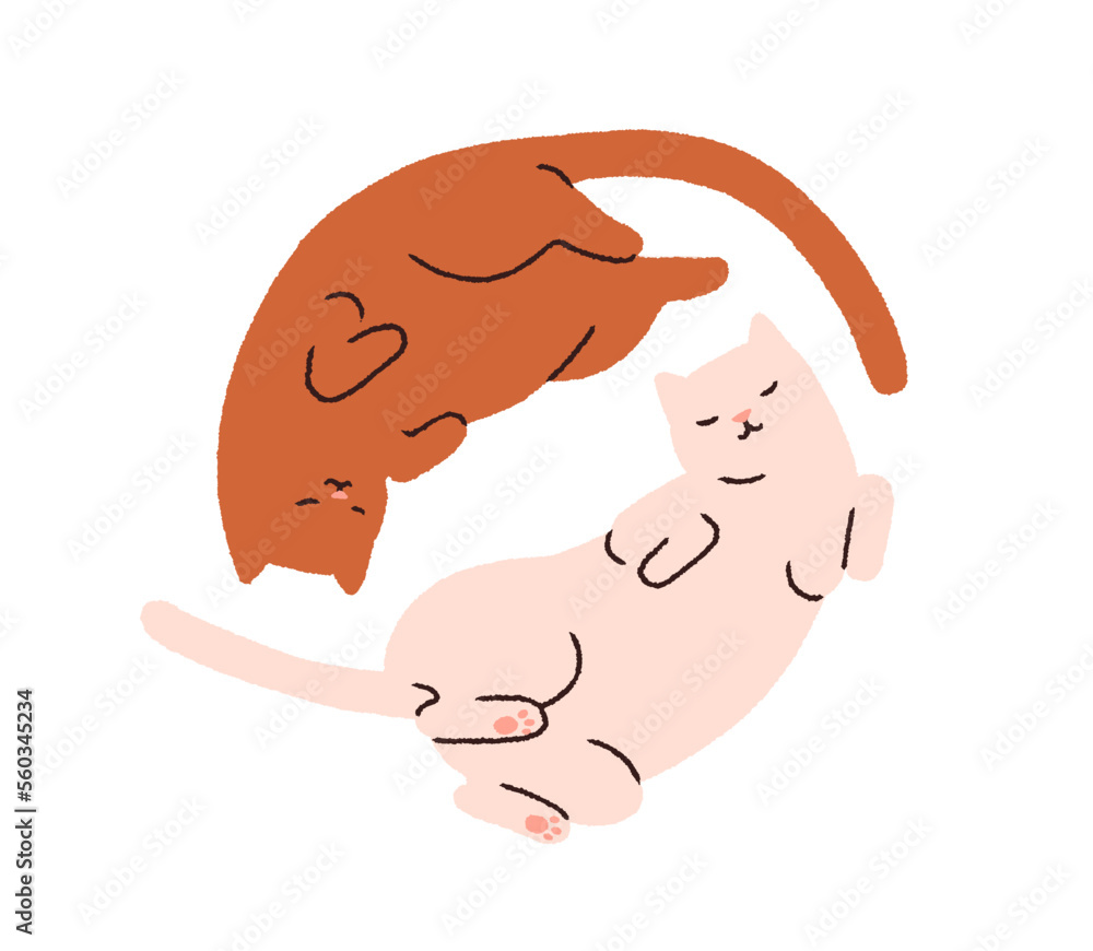 Cute cats pair in yin yang circle. Two kitties lying belly up in zen ...