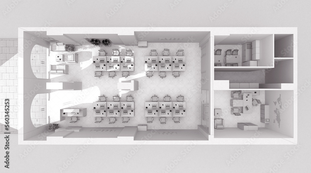 Office interior top view grid 3D rendering Stock Illustration | Adobe Stock