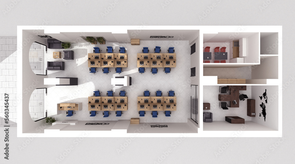 Office interior top view 3D rendering Stock Illustration | Adobe Stock