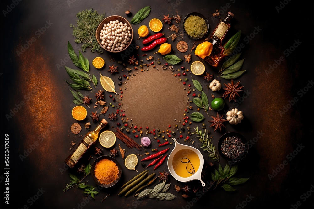 a circle of spices and herbs arranged in a circle on a table top with a ...