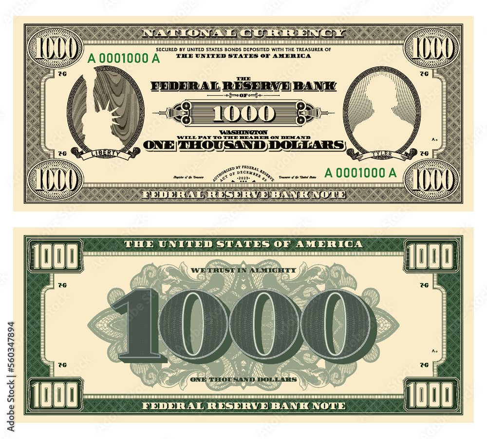 Vector new 1000 dollars banknote. Obverse and reverse of US paper money ...