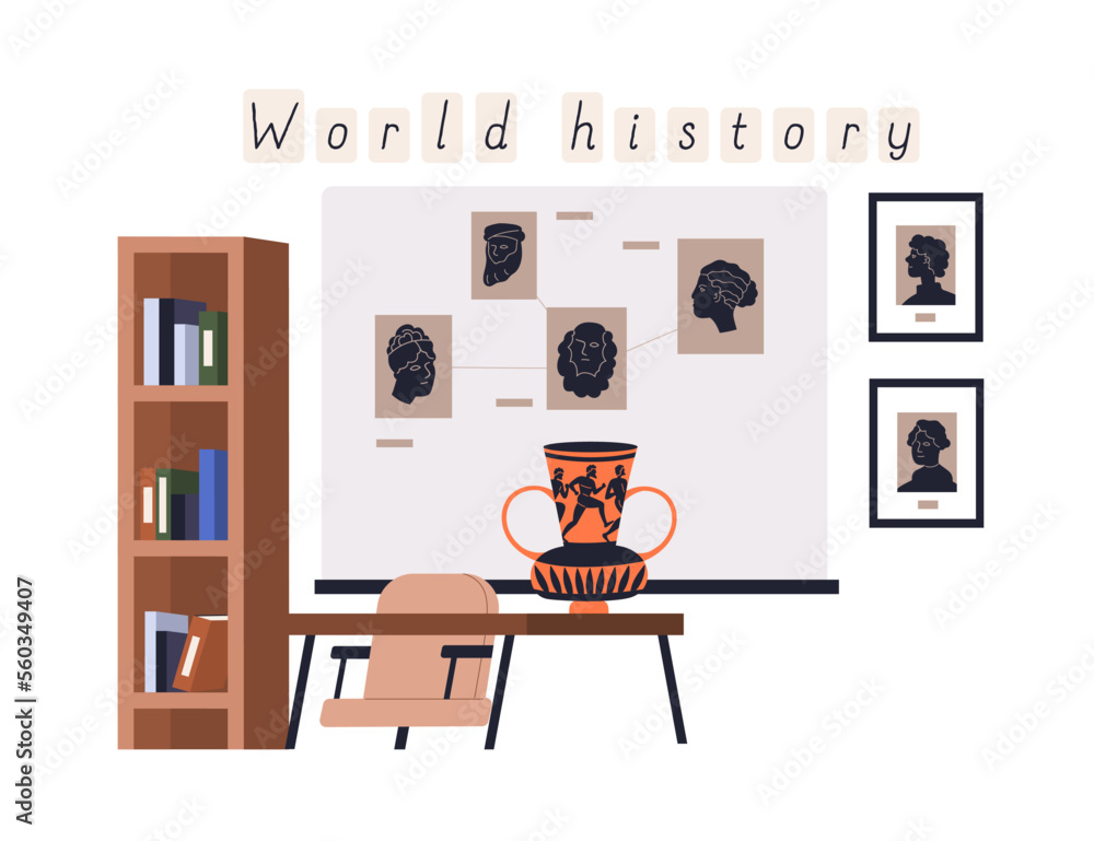 World history classroom with desk, whiteboard, book shelf. Empty class ...