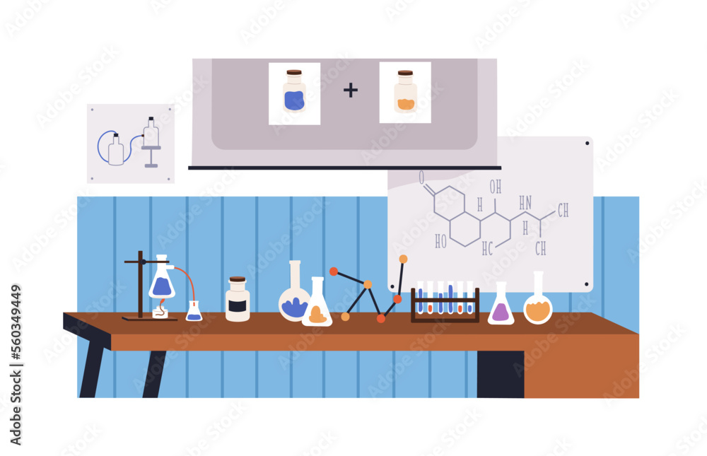 Chemistry classroom, school lab with glass tubes, equipment on desk ...