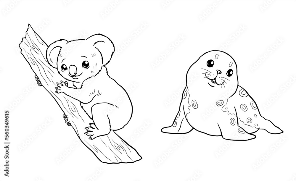 Cute koala and seal for coloring. Vector template for a coloring book ...