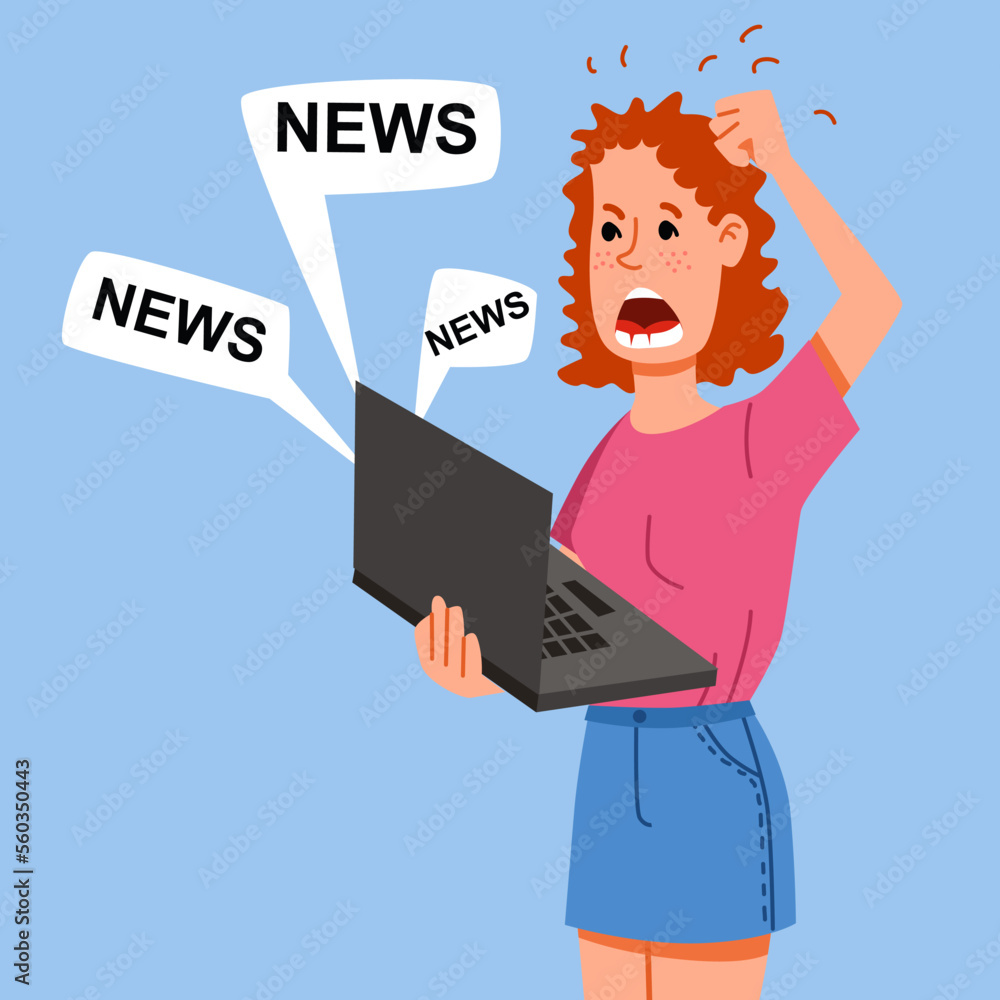 The girl reads the news on a laptop. A woman is shocked by what is ...