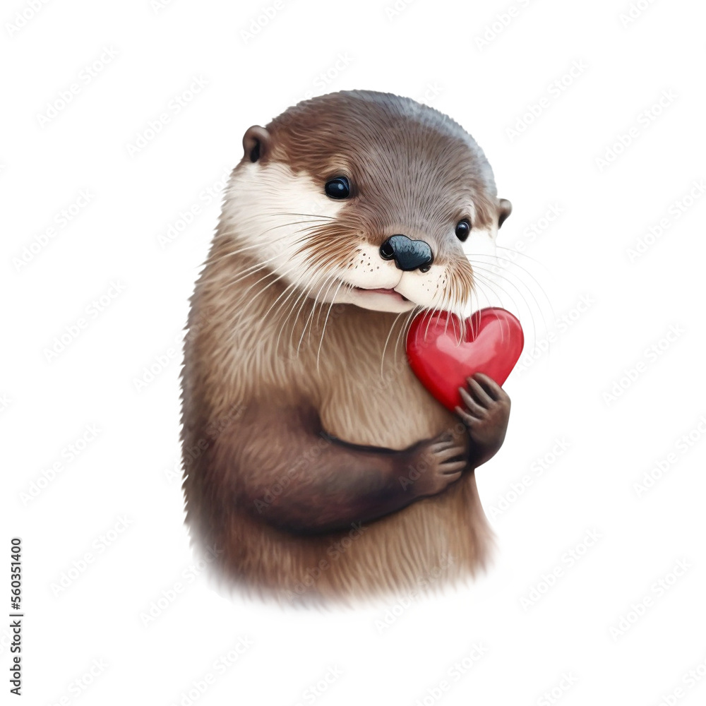 Valentine's day, cute otter holding a heart, art for souvenirs ...