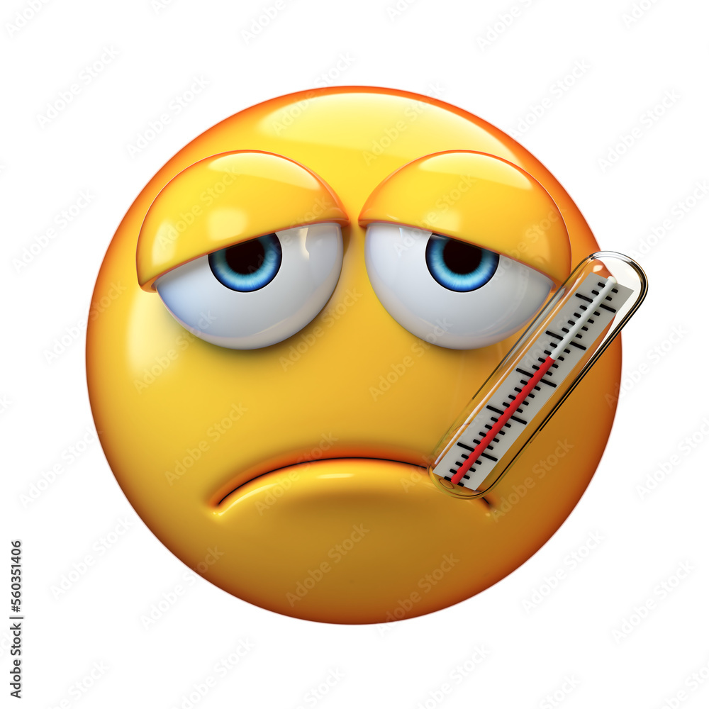 Sick emoticon isolated on white background, emoji with thermometer 3d ...