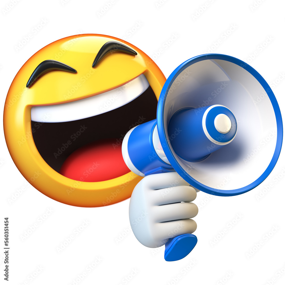 ภาพประกอบสต็อก Emoji holding loudspeaker isolated on white background ...