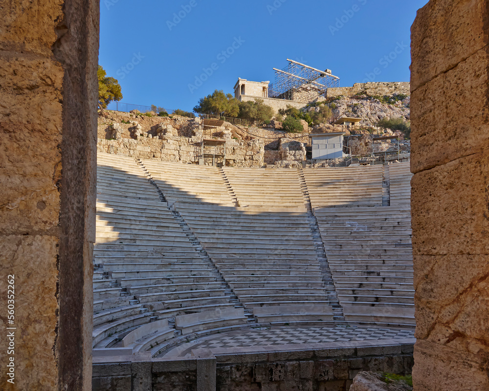 The ancient Athens temple of Nike above the stands of the conservatory ...