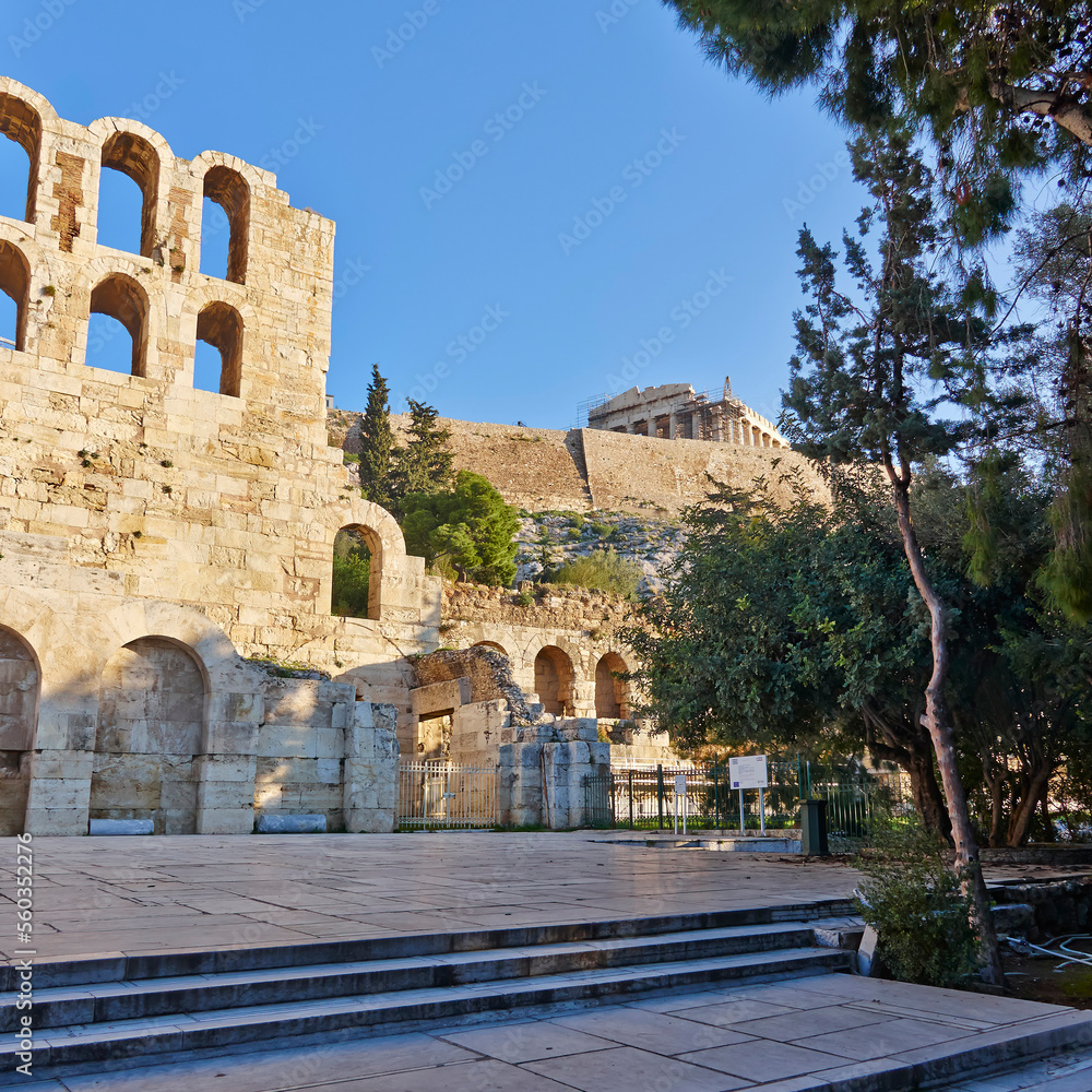 The entrance and arches of the ancient conservatory of Herod Atticus at ...