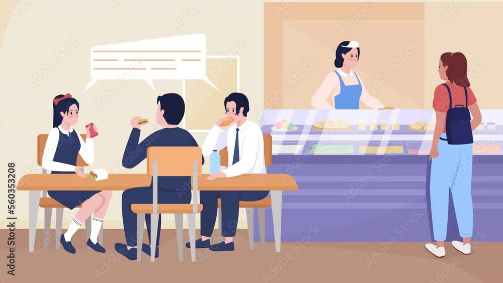Animated eating in school canteen. Lunch break. Having conversation ...
