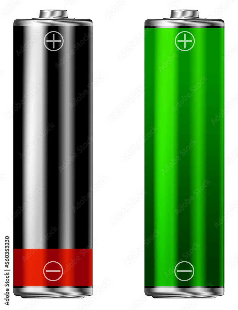 Low battery and full battery charge power level symbols Stock ...