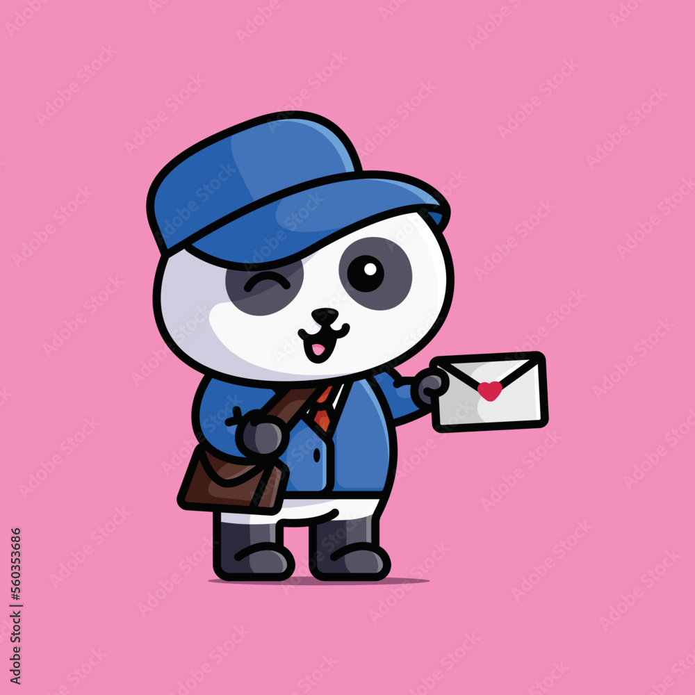 Cute postman panda wearing a bag and holding a letter cartoon ...