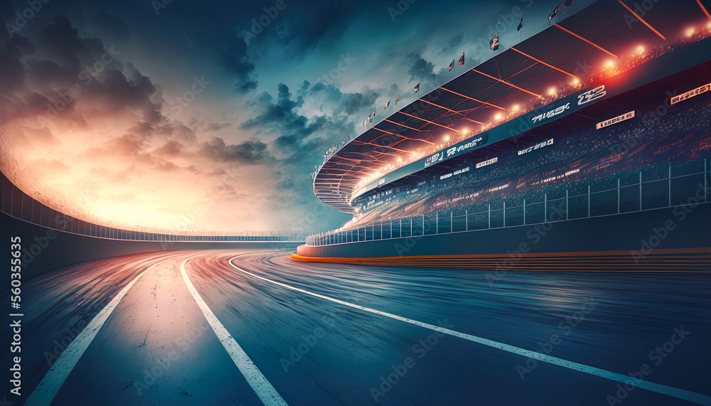 Empty racing track and crowd of people on grandstands. Postproducted ...