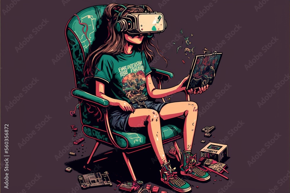 a girl setting on an armchair wearing a VR headset in a style of the ...