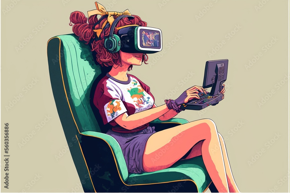a girl setting on an armchair wearing a VR headset in a style of the ...