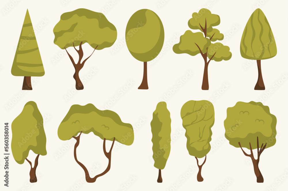 Tree collection set concept without people scene in the flat cartoon ...