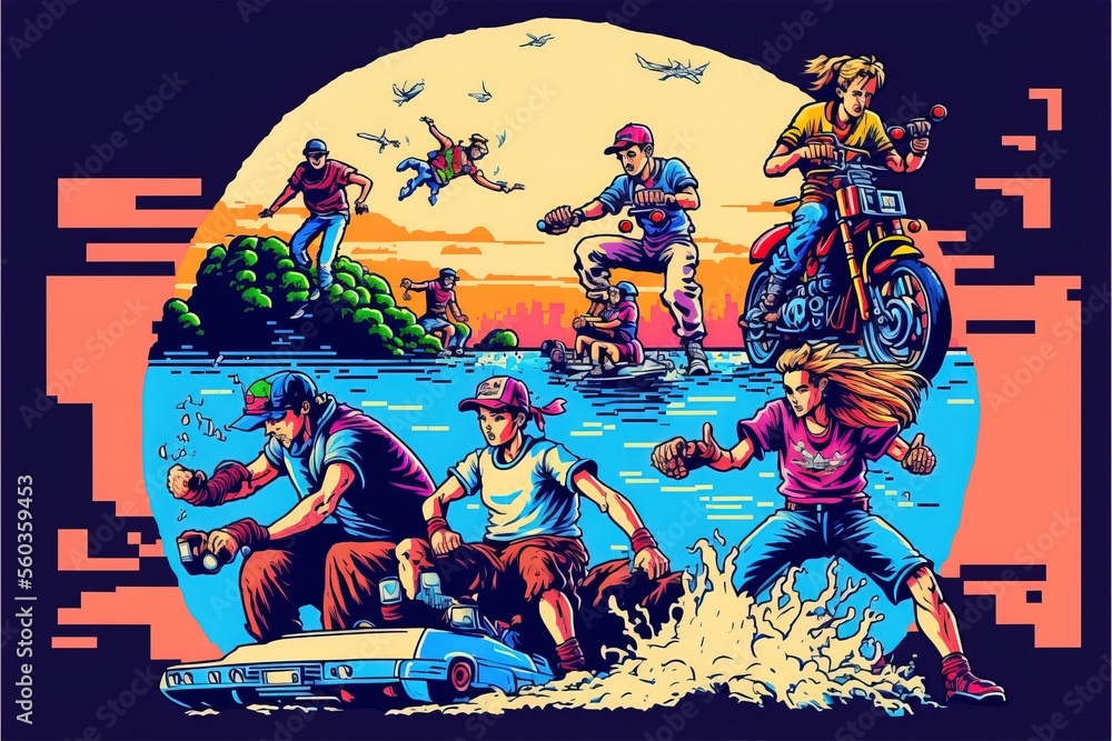 A retroactive group of young people gaming in a style of 1990s point ...