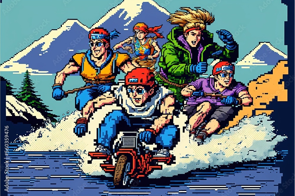 A retroactive group of young people gaming in a style of 1990s point ...