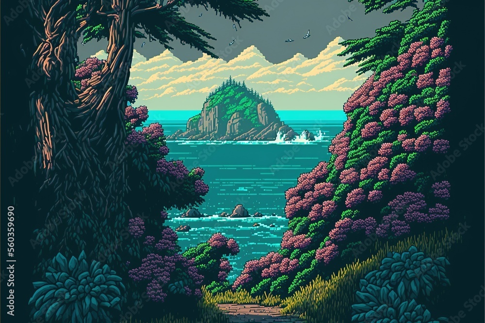 Retroactive nature shot in a style of 1990s point and click 16bit game ...