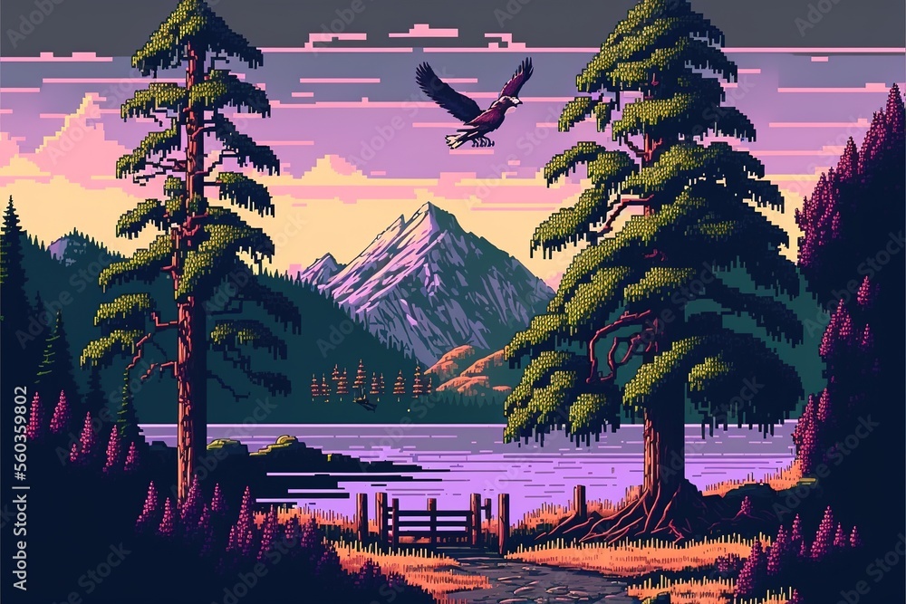 Retroactive nature shot in a style of 1990s point and click 16bit game ...