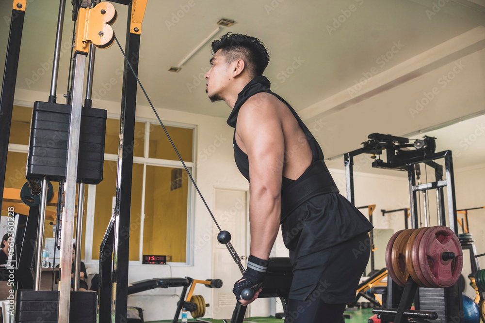 A focused asian guy doing cable tricep push downs using a straight pushdown bar. Feeling the ...