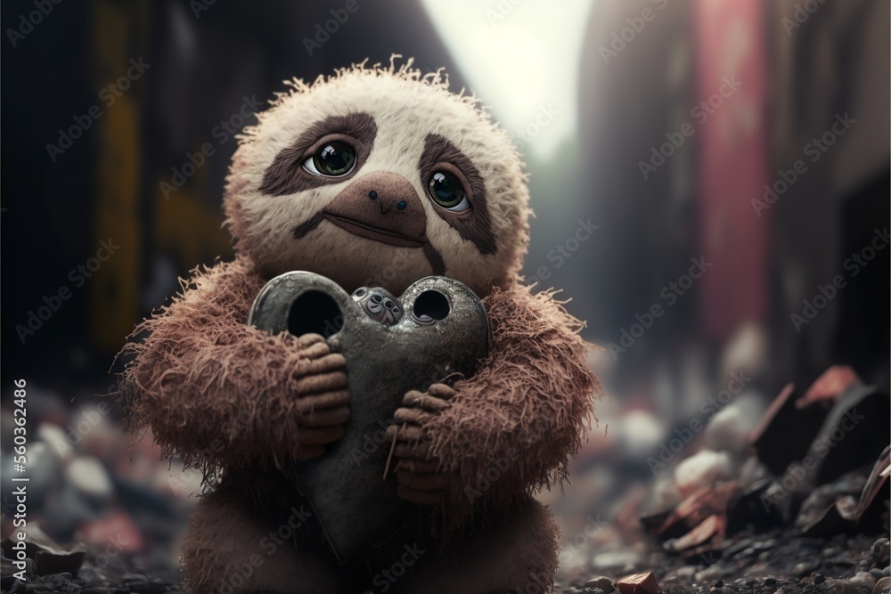 Sad baby sloth plush sitting in a dystopian environment waiting to be ...