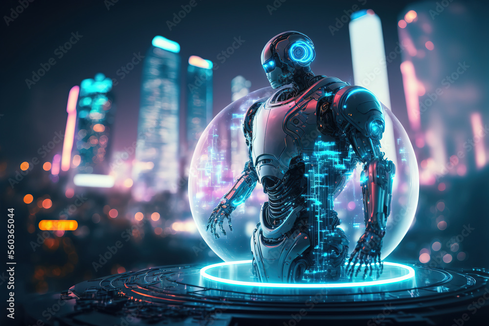 Beautiful Robot standing at the interactive table with hologram. Cyborg ...