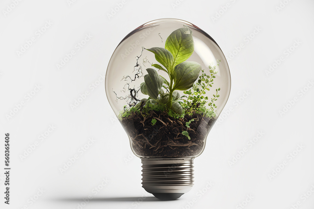 Light Bulb with sprout inside isolated in white background. Small plant ...