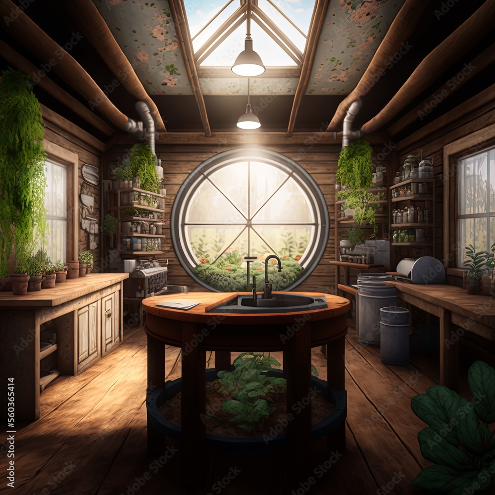 Interior of the rustic futuristic kitchen using hydroponics and indoor ...