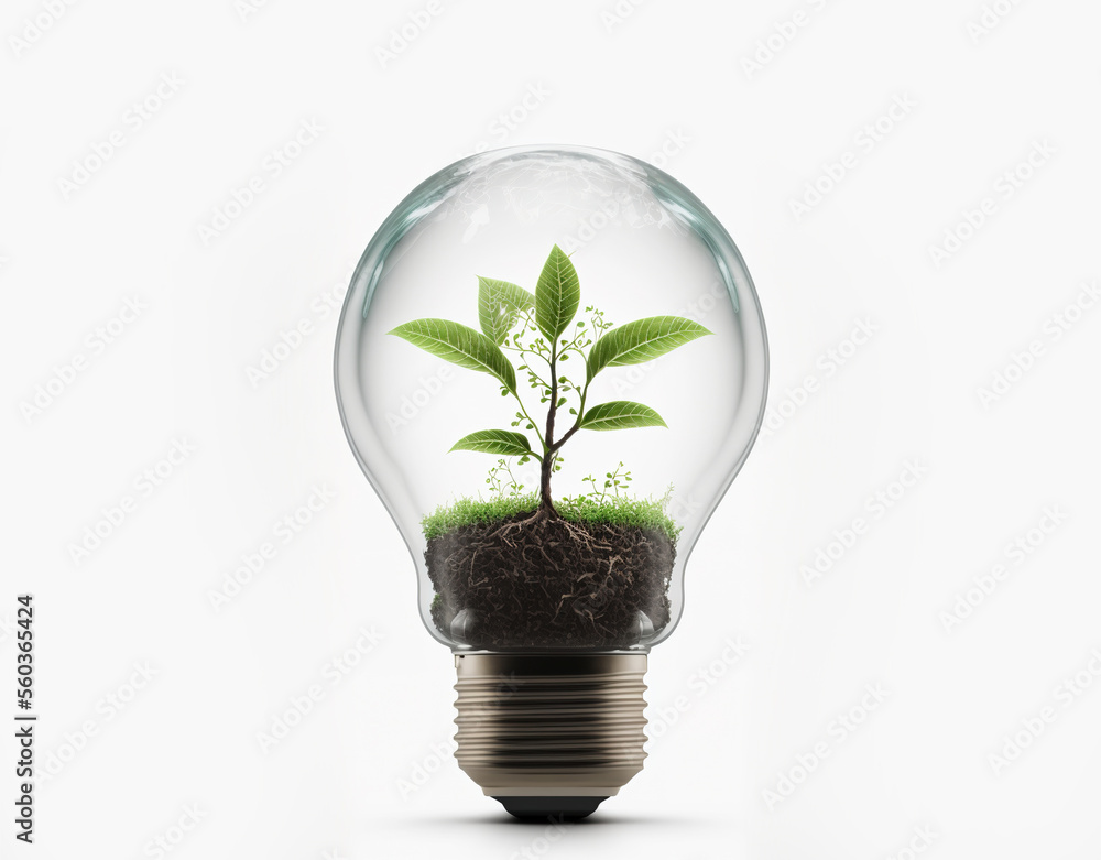 Light Bulb with sprout inside isolated in white background. Small plant ...