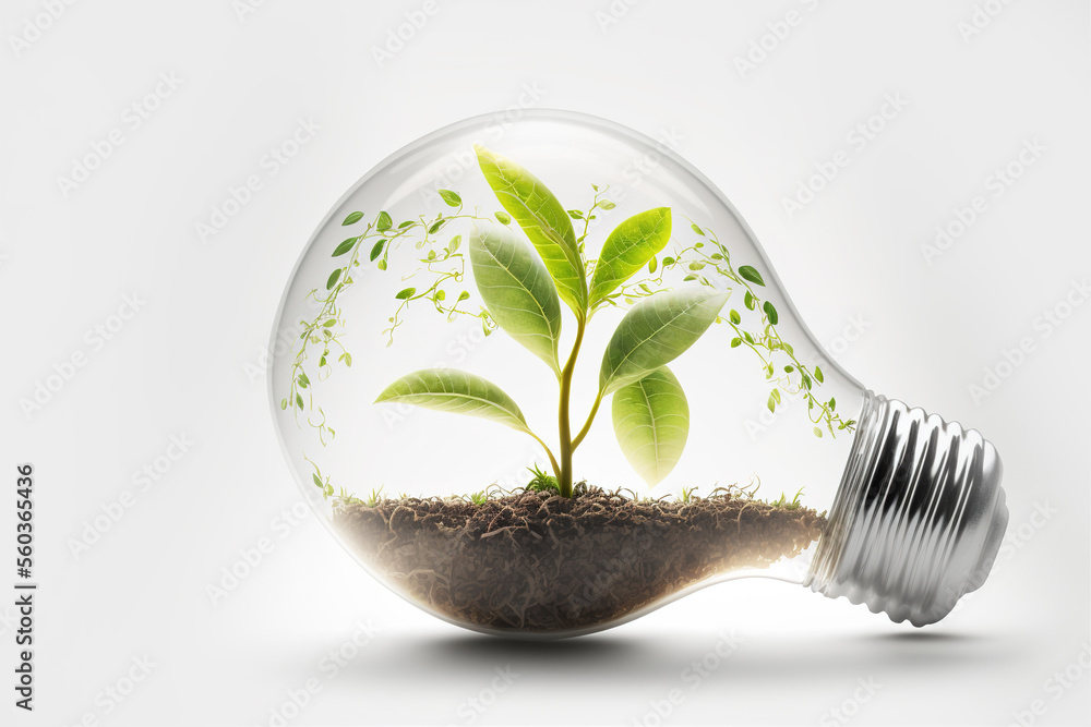 Light Bulb with sprout inside isolated in white background. Small plant ...