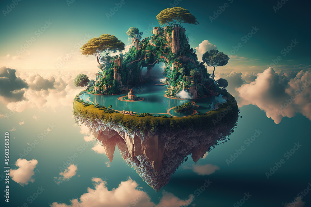 sky fantasy island, floating island with pools and trees, fairy tale ...