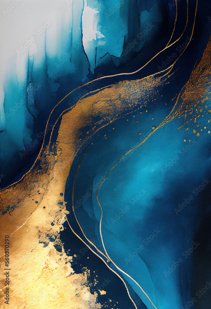 Blue and metallic gold abstract background. Watercolour paints brush ...