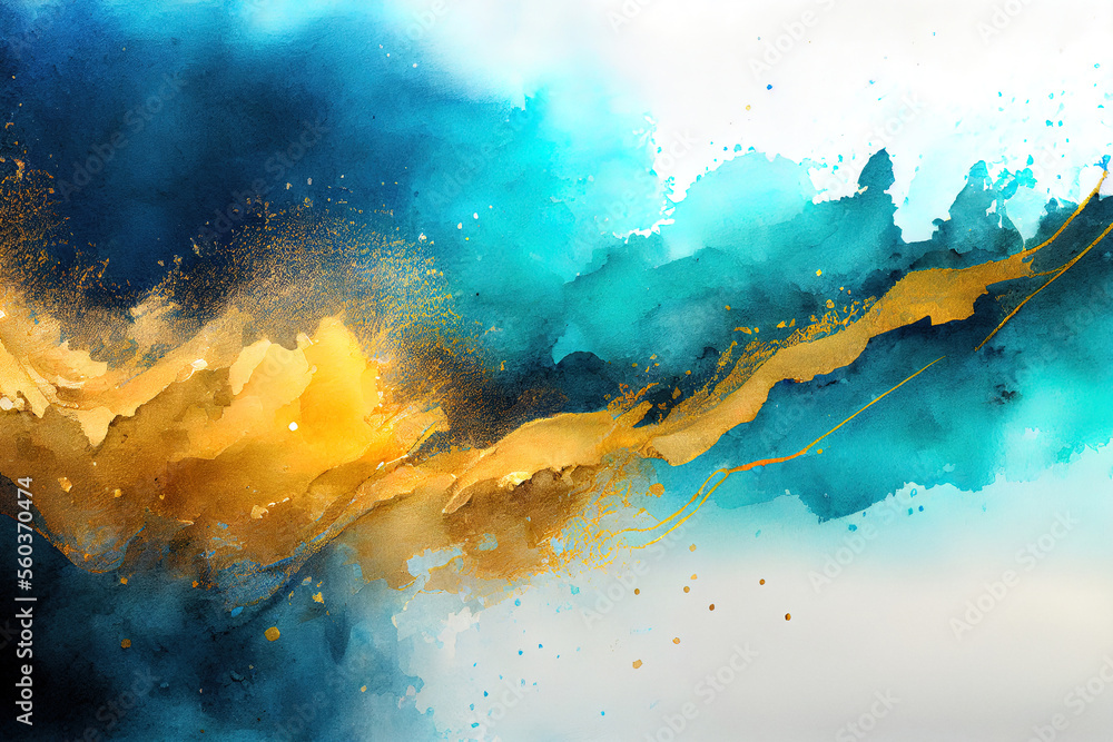 Blue and metallic gold abstract background. Watercolour paints brush ...
