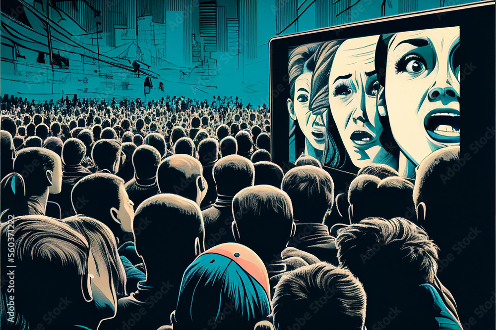 People crowd watching TV on dark background. TV addiction, propaganda ...