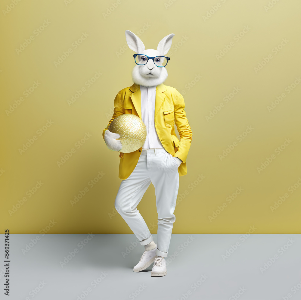 Full body portrait of anthropomorphic rabbit is holding a large golden ...