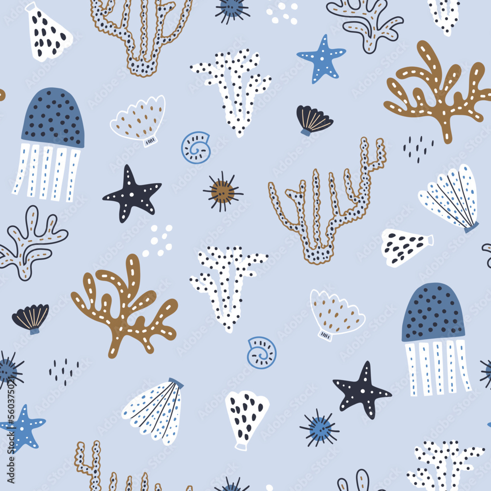 Marine undersea pattern with jellyfish, seashells, seaweeds, starfish ...