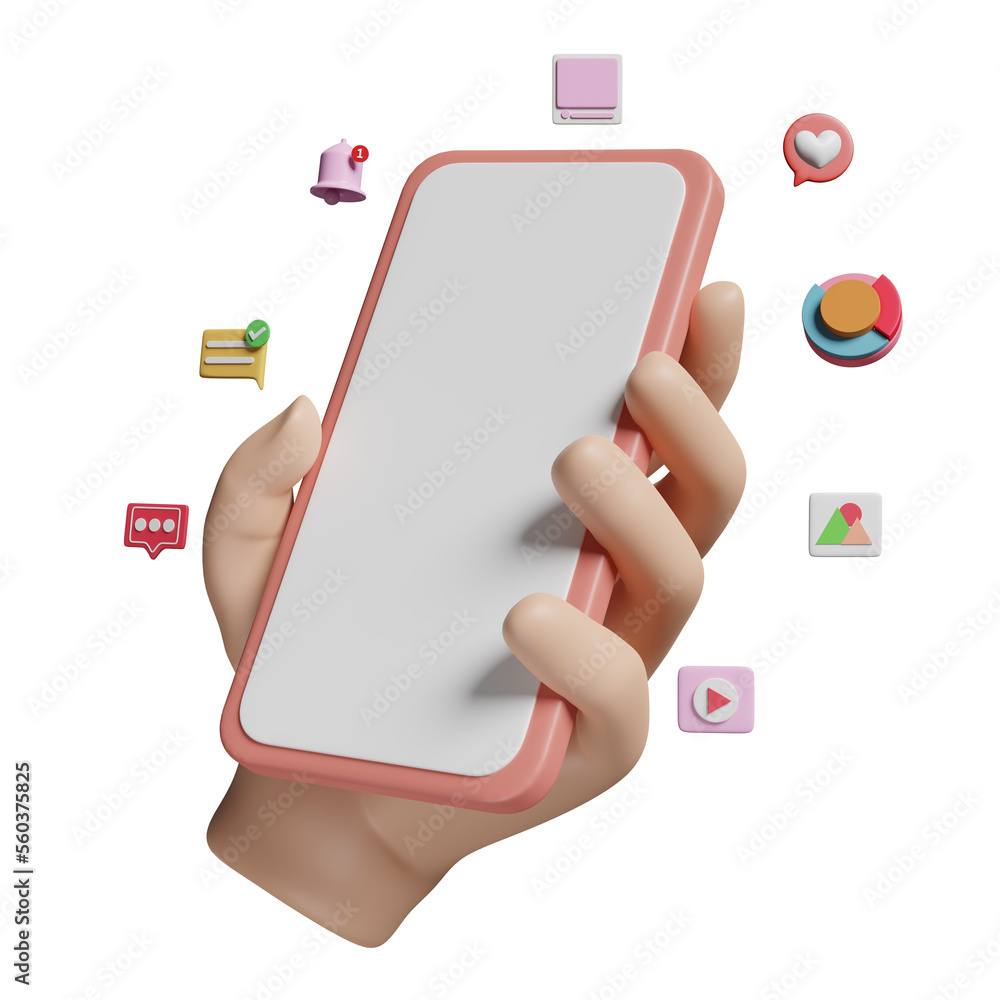 3d social media with hand holding mobile phone, smartphone icons ...