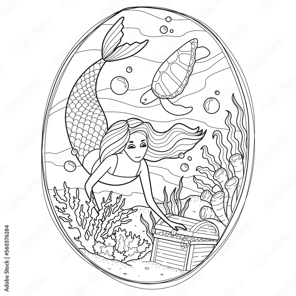 Mermaid coloring page. Underwater world coloring book. Fish contour ...