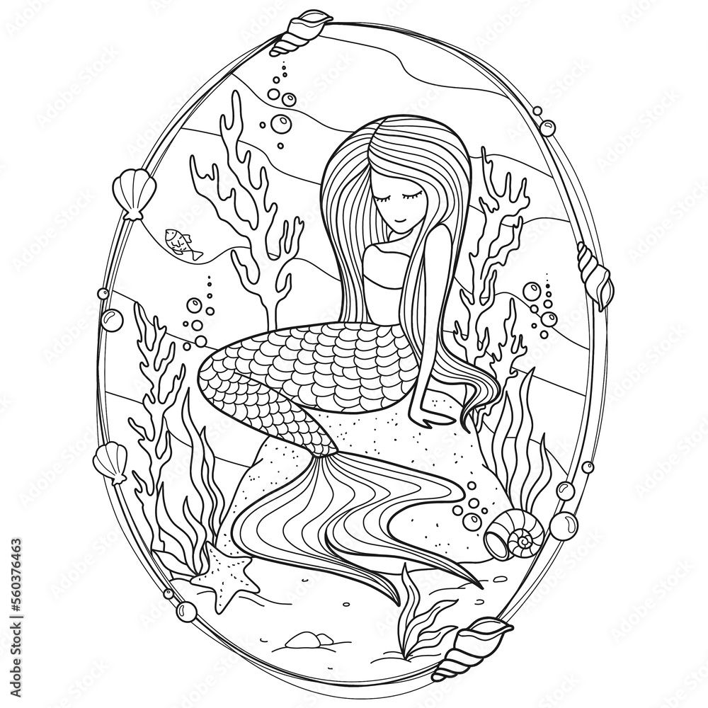 Mermaid coloring page. Underwater world coloring book. Fish contour ...