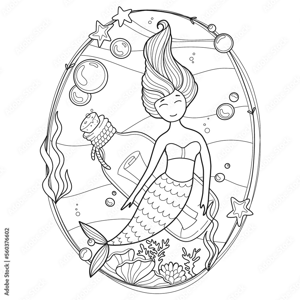 Mermaid coloring page. Underwater world coloring book. Fish contour ...