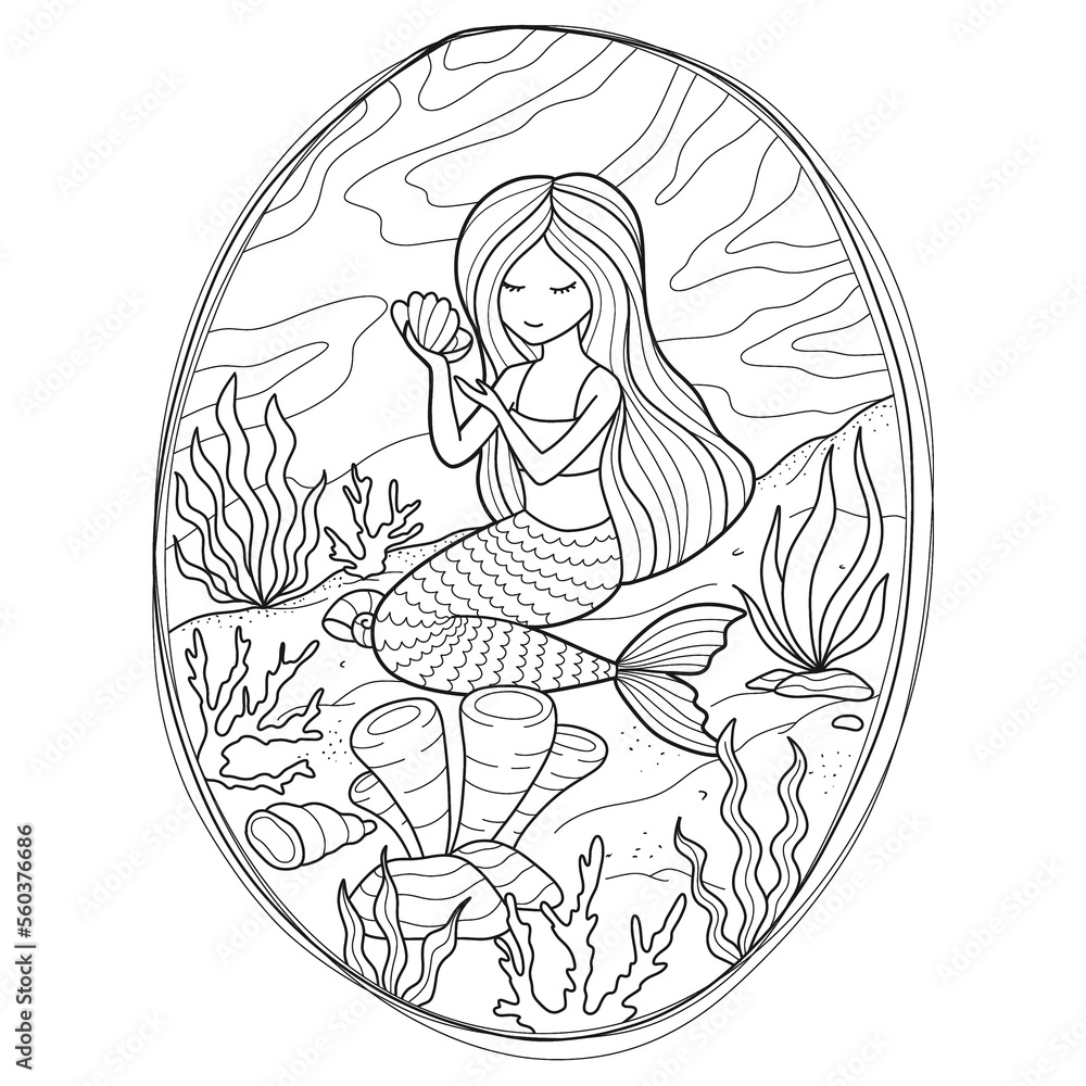 Mermaid coloring page. Underwater world coloring book. Fish contour ...