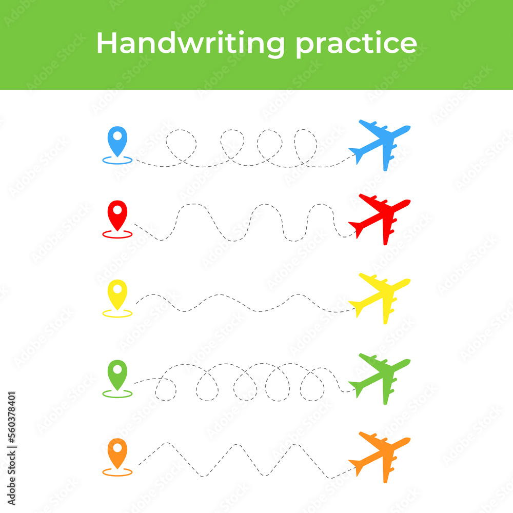 Handwriting practice sheet with airplane. Educational children game ...