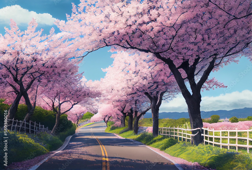 Countryside road with Japanese Cherry Blossom trees beside the long ...