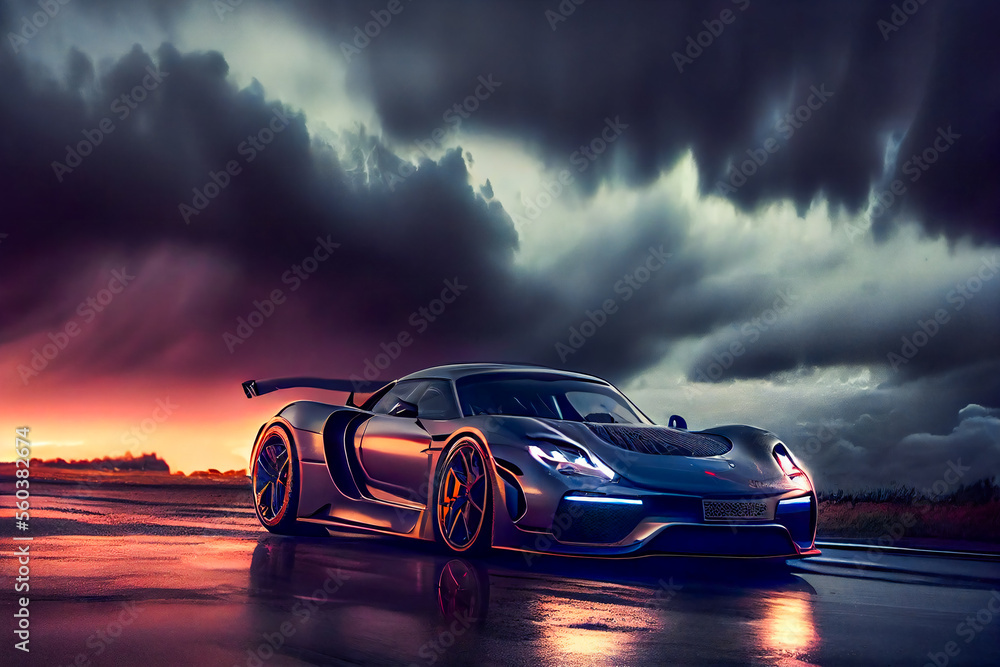 Futuristic sports car on drak dramatic cloudy environment. car riding ...